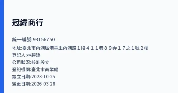 冠緯商行的照片-統編 93156750(臺北市) 公司登記資料與營業項目詳細圖表
