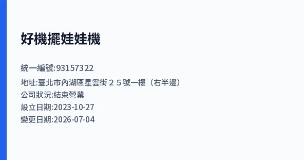 好機擺娃娃機的照片-統編 93157322(臺北市) 公司登記資料與營業項目詳細圖表