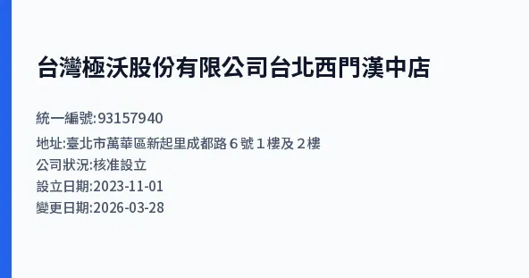 台灣極沃股份有限公司台北西門漢中店的照片-統編 93157940(臺北市) 公司登記資料與營業項目詳細圖表