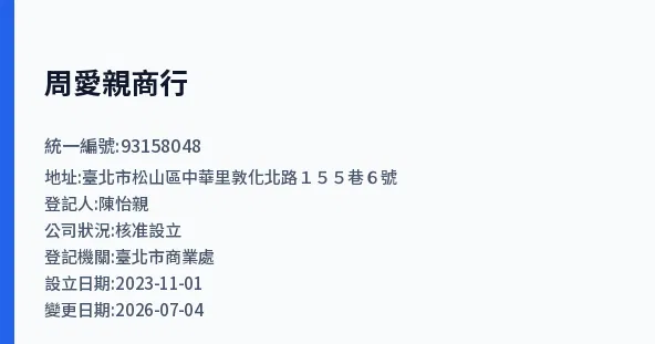 周愛親商行的照片-統編 93158048(臺北市) 公司登記資料與營業項目詳細圖表