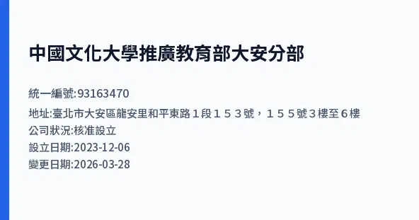 中國文化大學推廣教育部大安分部的照片-統編 93163470(臺北市) 公司登記資料與營業項目詳細圖表