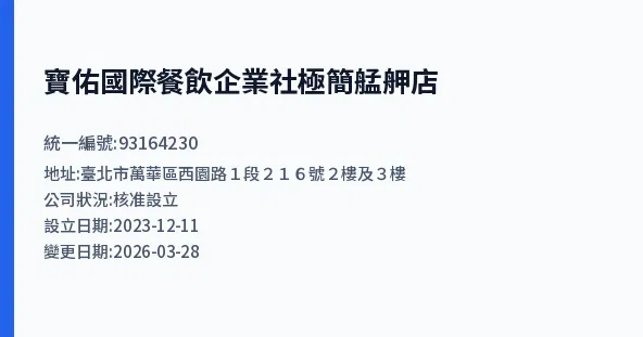 寶佑國際餐飲企業社極簡艋舺店的照片-統編 93164230(臺北市) 公司登記資料與營業項目詳細圖表