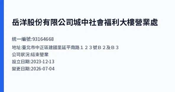 岳洋股份有限公司城中社會福利大樓營業處的照片-統編 93164668(臺北市) 公司登記資料與營業項目詳細圖表