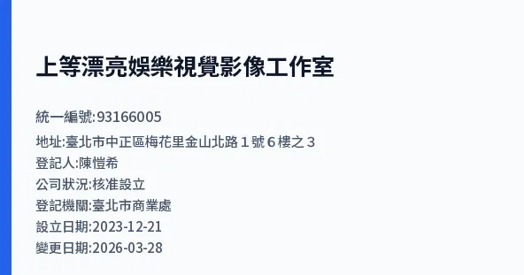 上等漂亮娛樂視覺影像工作室的照片-統編 93166005(臺北市) 公司登記資料與營業項目詳細圖表