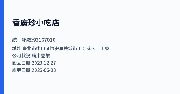 香廣珍小吃店的照片-統編 93167010(臺北市) 公司登記資料與營業項目詳細圖表