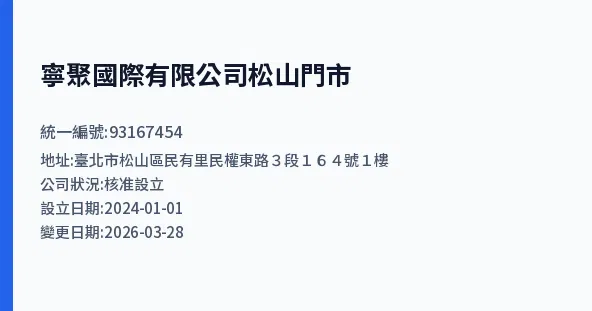 寧聚國際有限公司松山門市的照片-統編 93167454(臺北市) 公司登記資料與營業項目詳細圖表