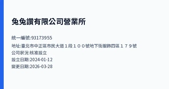 兔兔讚有限公司營業所的照片-統編 93173955(臺北市) 公司登記資料與營業項目詳細圖表