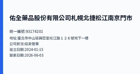 佑全藥品股份有限公司札幌北捷松江南京門市的照片-統編 93174201(臺北市) 公司登記資料與營業項目詳細圖表