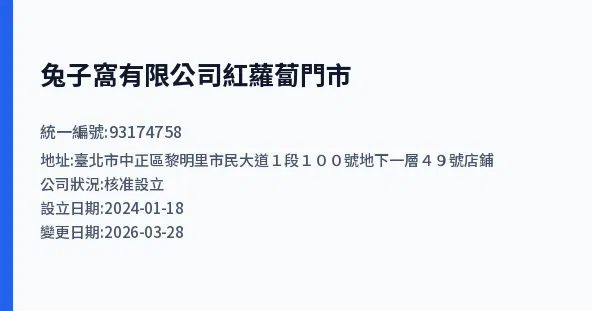 兔子窩有限公司紅蘿蔔門市的照片-統編 93174758(臺北市) 公司登記資料與營業項目詳細圖表