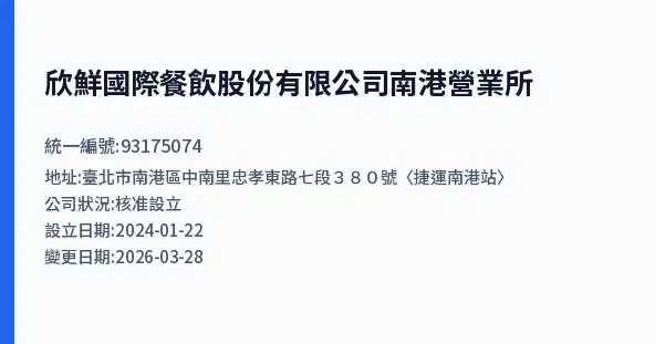 欣鮮國際餐飲股份有限公司南港營業所的照片-統編 93175074(臺北市) 公司登記資料與營業項目詳細圖表