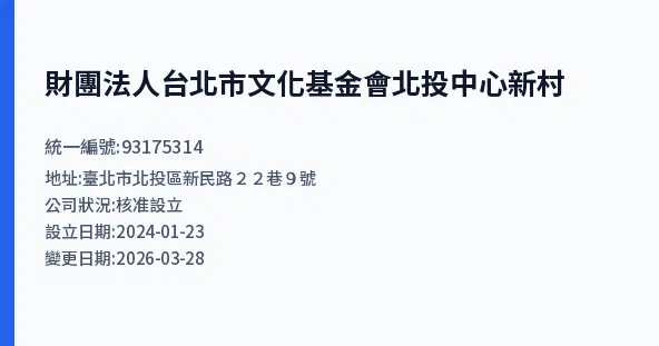財團法人台北市文化基金會北投中心新村的照片-統編 93175314(臺北市) 公司登記資料與營業項目詳細圖表