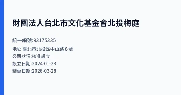 財團法人台北市文化基金會北投梅庭的照片-統編 93175335(臺北市) 公司登記資料與營業項目詳細圖表