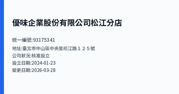 優味企業股份有限公司松江分店的照片-統編 93175341(臺北市) 公司登記資料與營業項目詳細圖表