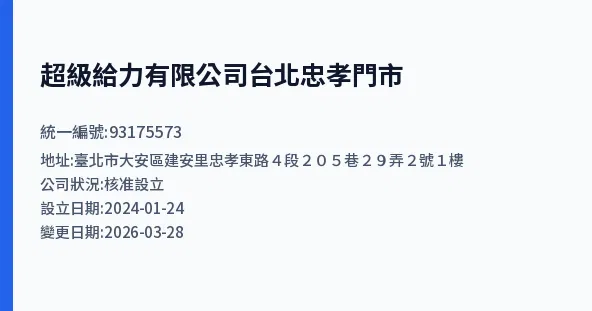 超級給力有限公司台北忠孝門市的照片-統編 93175573(臺北市) 公司登記資料與營業項目詳細圖表