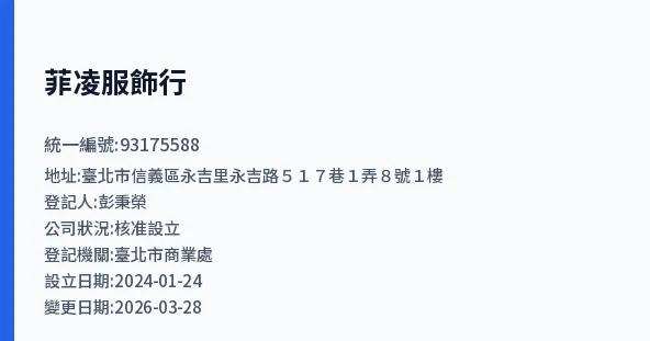 菲凌服飾行的照片-統編 93175588(臺北市) 公司登記資料與營業項目詳細圖表