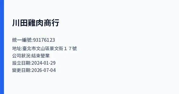 川田雞肉商行的照片-統編 93176123(臺北市) 公司登記資料與營業項目詳細圖表
