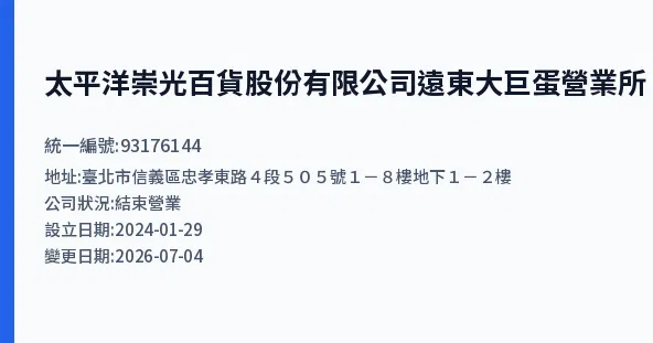 太平洋崇光百貨股份有限公司遠東大巨蛋營業所的照片-統編 93176144(臺北市) 公司登記資料與營業項目詳細圖表