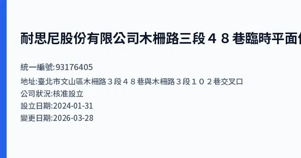 耐思尼股份有限公司木柵路三段48巷臨時平面停車場的照片-統編 93176405(臺北市) 公司登記資料與營業項目詳細圖表