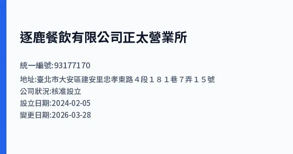 逐鹿餐飲有限公司正太營業所的照片-統編 93177170(臺北市) 公司登記資料與營業項目詳細圖表