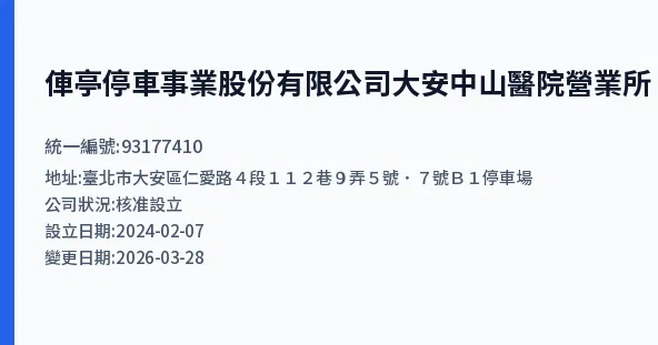 俥亭停車事業股份有限公司大安中山醫院營業所的照片-統編 93177410(臺北市) 公司登記資料與營業項目詳細圖表