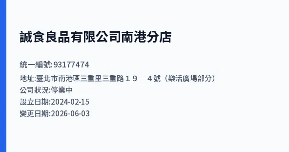 誠食良品有限公司南港分店的照片-統編 93177474(臺北市) 公司登記資料與營業項目詳細圖表