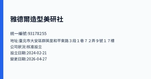 雅德爾造型美研社的照片-統編 93178255(臺北市) 公司登記資料與營業項目詳細圖表