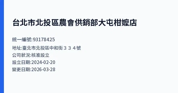 台北市北投區農會供銷部大屯柑嬤店的照片-統編 93178425(臺北市) 公司登記資料與營業項目詳細圖表