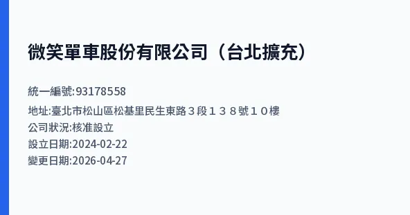 微笑單車股份有限公司(台北擴充)的照片-統編 93178558(臺北市) 公司登記資料與營業項目詳細圖表