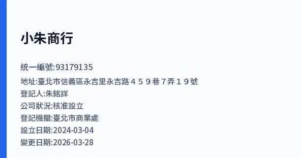 小朱商行的照片-統編 93179135(臺北市) 公司登記資料與營業項目詳細圖表