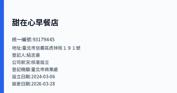 甜在心早餐店的照片-統編 93179445(臺北市) 公司登記資料與營業項目詳細圖表