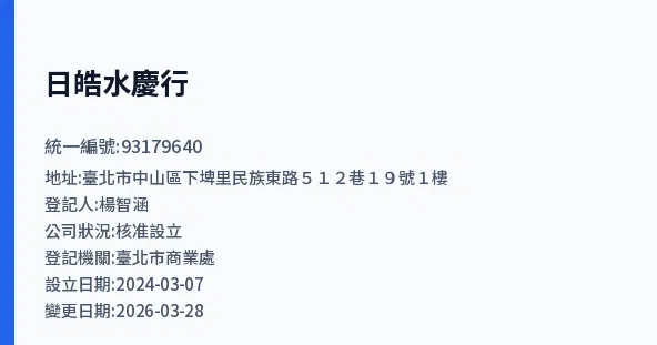 日皓水慶行的照片-統編 93179640(臺北市) 公司登記資料與營業項目詳細圖表