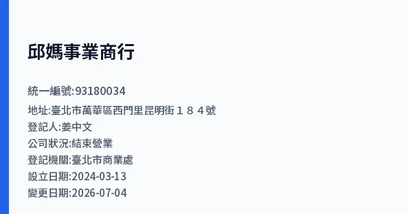 邱媽事業商行的照片-統編 93180034(臺北市) 公司登記資料與營業項目詳細圖表