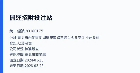 開運招財投注站的照片-統編 93180175(臺北市) 公司登記資料與營業項目詳細圖表