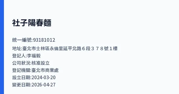 社子陽春麵的照片-統編 93181012(臺北市) 公司登記資料與營業項目詳細圖表