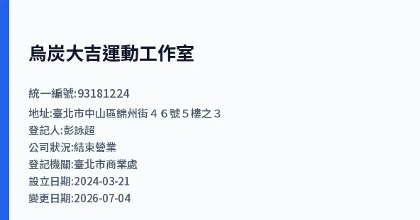 烏炭大吉運動工作室的照片-統編 93181224(臺北市) 公司登記資料與營業項目詳細圖表