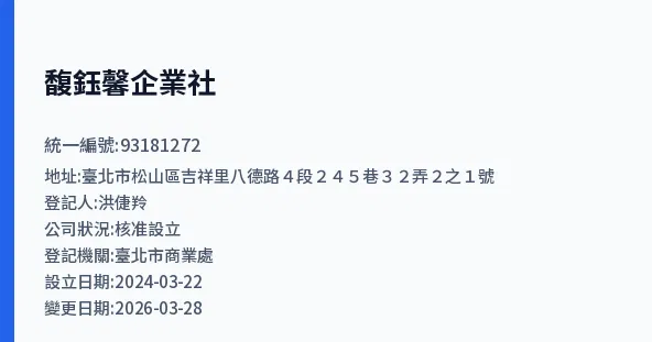 馥鈺馨企業社的照片-統編 93181272(臺北市) 公司登記資料與營業項目詳細圖表