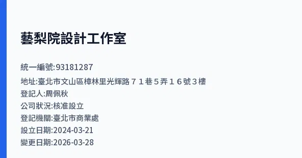 藝梨院設計工作室的照片-統編 93181287(臺北市) 公司登記資料與營業項目詳細圖表