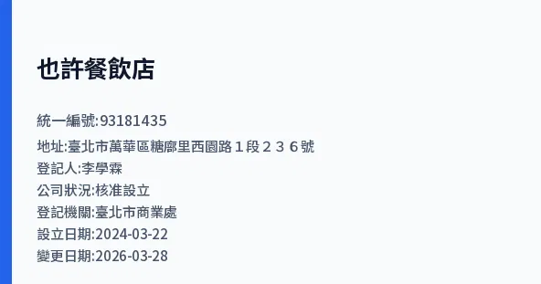 也許餐飲店的照片-統編 93181435(臺北市) 公司登記資料與營業項目詳細圖表