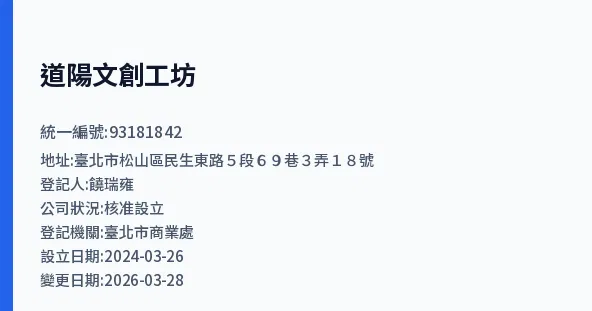 道陽文創工坊的照片-統編 93181842(臺北市) 公司登記資料與營業項目詳細圖表