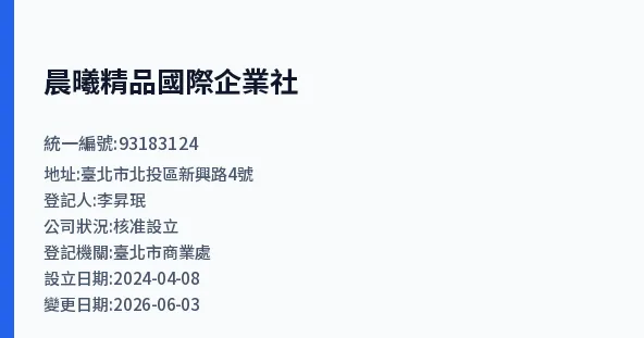 晨曦精品國際企業社的照片-統編 93183124(臺北市) 公司登記資料與營業項目詳細圖表