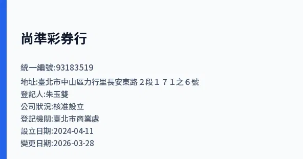 尚準彩券行的照片-統編 93183519(臺北市) 公司登記資料與營業項目詳細圖表