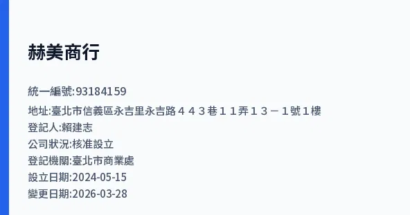 赫美商行的照片-統編 93184159(臺北市) 公司登記資料與營業項目詳細圖表