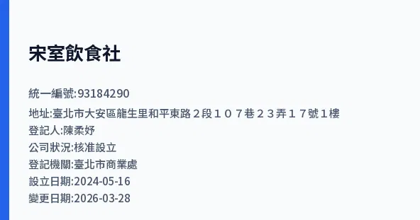 宋室飲食社的照片-統編 93184290(臺北市) 公司登記資料與營業項目詳細圖表
