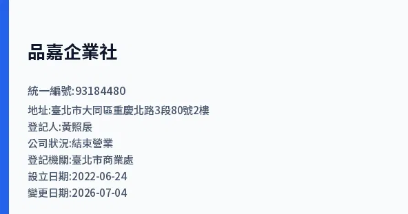 品嘉企業社的照片-統編 93184480(臺北市) 公司登記資料與營業項目詳細圖表