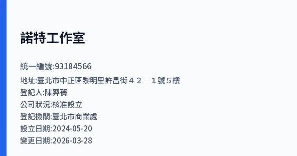諾特工作室的照片-統編 93184566(臺北市) 公司登記資料與營業項目詳細圖表
