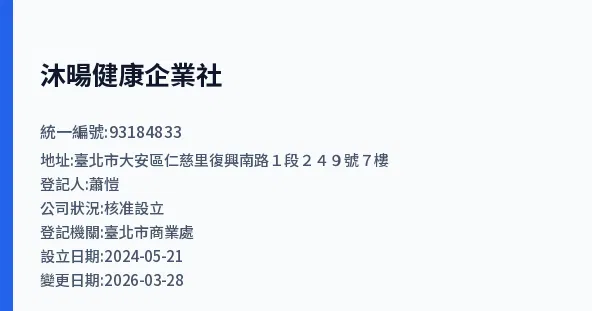 沐暘健康企業社的照片-統編 93184833(臺北市) 公司登記資料與營業項目詳細圖表
