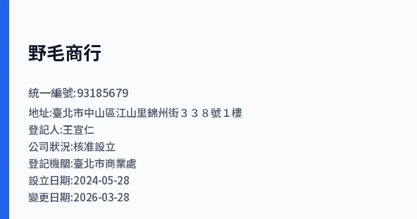野毛商行的照片-統編 93185679(臺北市) 公司登記資料與營業項目詳細圖表