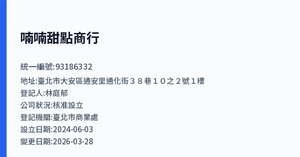 喃喃甜點商行的照片-統編 93186332(臺北市) 公司登記資料與營業項目詳細圖表