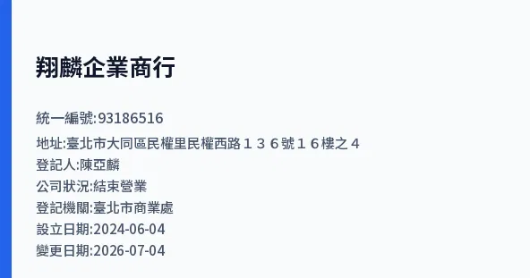 翔麟企業商行的照片-統編 93186516(臺北市) 公司登記資料與營業項目詳細圖表