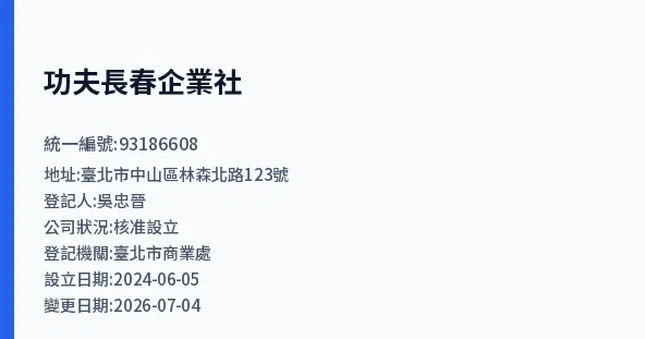 功夫長春企業社的照片-統編 93186608(臺北市) 公司登記資料與營業項目詳細圖表